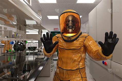 一个穿着生化防护服的人在一个生物实验室的3d插图中工作