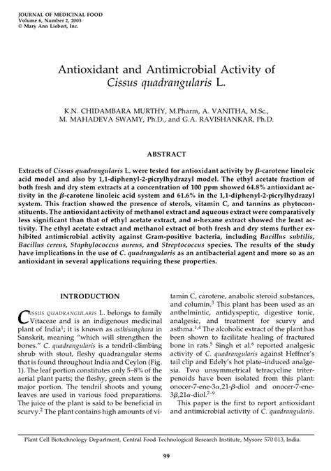 Pdf Antioxidant And Antimicrobial Activity Of Cissus Quadrangularis L