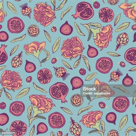벡터 요소 꽃 잎 무화과 열매 석류 딸기 양 인데와 함께을 완벽 한 패턴 배경 0명에 대한 스톡 벡터 아트 및 기타 이미지