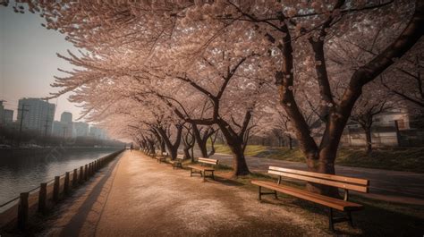 Bangku Taman Bunga Sakura Seoul Bunga Sakura Di Taman Shinyokohama