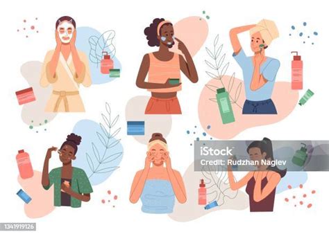 다양한 여성 캐릭터 세트가 흰색 배경에 클렌징 및 스킨케어 제품을 적용하고 있습니다 피부 관리에 대한 스톡 벡터 아트 및 기타