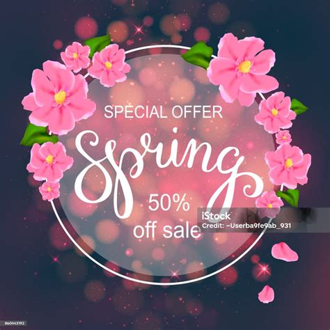핸드 레터링과 Bokeh와 아름 다운 화려한 꽃과 봄 판매 배경 서식 파일 배너 벽지 전단지 초대장 포스터 브로셔 바우처 할인 벡터 일러스트 레이 션 가격에 대한 스톡 벡터