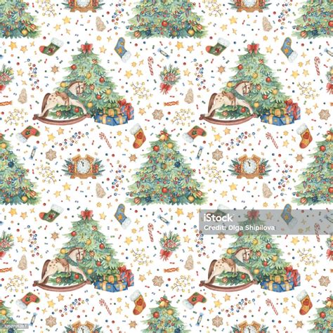 장식 된 크리스마스 트리 선물 상자 화환 크리스마스 스타킹 과자 손으로 그린 크리스마스 패턴 0명에 대한 스톡 벡터 아트 및 기타 이미지 Istock