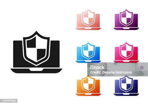 흰색 배경에 격리 된 방패 아이콘으로 보호 블랙 노트북 Pc 보안 방화벽 기술 개인 정보 보호 안전 다채로운 아이콘을 설정합니다 벡터 개념에 대한 스톡 벡터 아트 및 기타