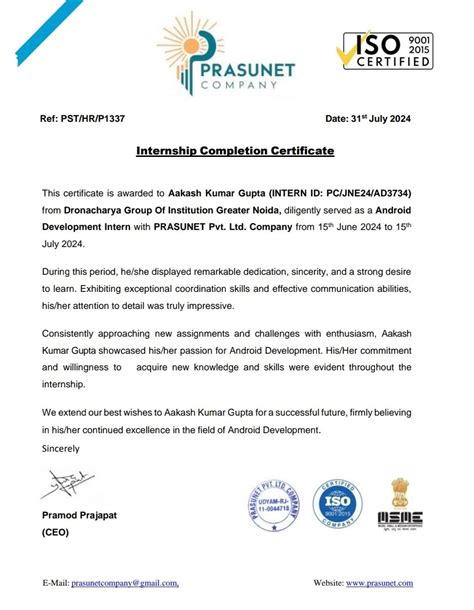 Aakash Kumar Gupta On Linkedin Androiddevelopment Internship Prasunet