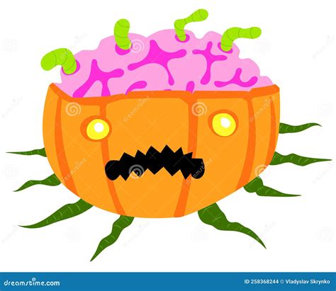 Zombie Pumpkin With A Brain Inside Eating Worms On A White Background