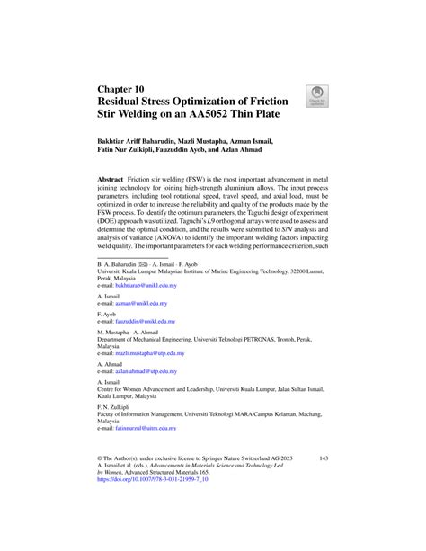 Pdf Residual Stress Optimization Of Friction Stir Welding On An Aa5052 Thin Plate