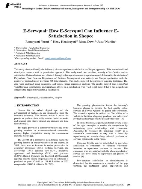 E Servqual How E Servqual Can Influence E Satisfaction In Shopee Pdf Multicollinearity