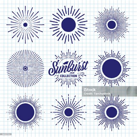 손으로 그린 빈티지 햇살 바둑판 무늬 종이 시트에 일몰 광선 폭발하는 태양 광선 복고풍 스타일의 로고 타입 또는 레터링 디자인 요소 그림을 그리기 위한 학교 공책 벡터 그림