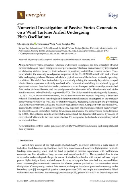 Pdf Numerical Investigation Of Passive Vortex Generators On A Wind Turbine Airfoil Undergoing