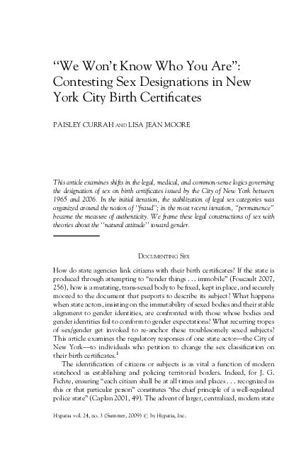 Pdf “we Wont Know Who You Are” Contesting Sex Designations In New