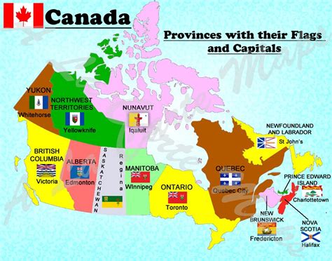 Digital Map Of All Canadian Provinces With Their Flags And Their