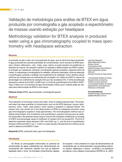 Pdf Methodology Validation For Btex Analysis In Produced Water Using A Gas Chromatography