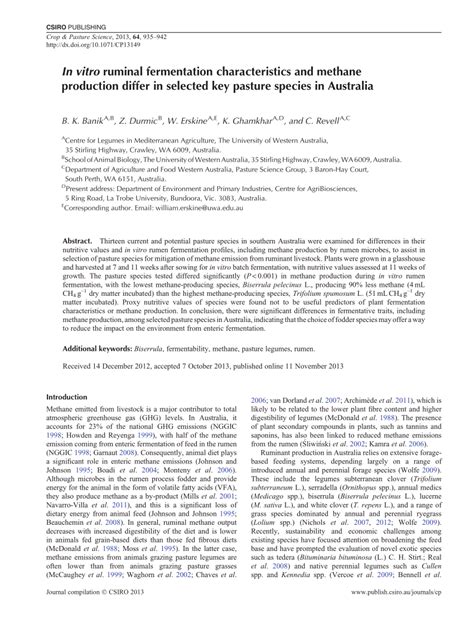 Pdf In Vitro Ruminal Fermentation Characteristics And Methane Production Differ In Selected