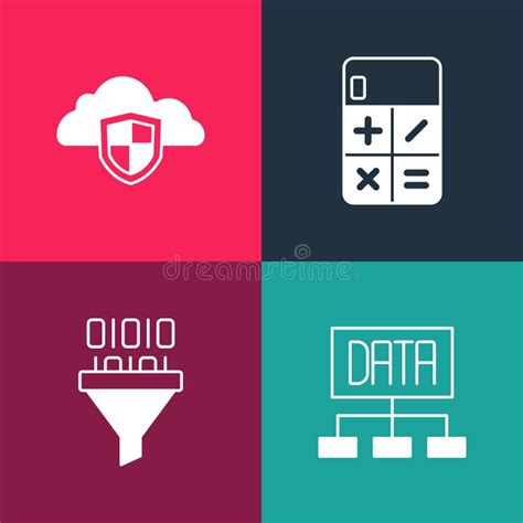 Set Pop Art Data Analysis Binary Code Calculator And Cloud And Shield