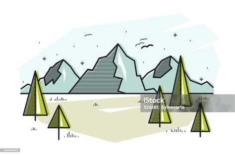 산범위와 소나무 숲 선형 벡터 일러스트는 흰색 산 봉우리와 숲의 라인 아트 드로잉테마 아름다운 자연 경관을 제공합니다 소나무 침엽수에 대한 스톡 벡터 아트 및 기타 이미지