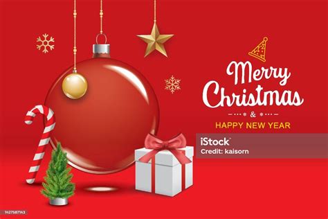 메리 크리스마스 유리 공 및 장식 개체 전단지 브로셔 디자인 빨간색 배경 초대장 테마 개념 해피 홀리데이 인사말 배너 및 카드 템플릿 12월에 대한 스톡 벡터 아트 및 기타