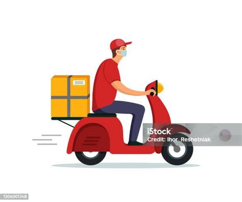 음식 배달 오토바이에 택배 서비스 레스토랑에서 음식의 빠른 배달 식사 피자 식료품 스쿠터에 남자 주문 의 배포를 위해 오토바이에 상자가있는 사람 벡터 무료에 대한 스톡 벡터