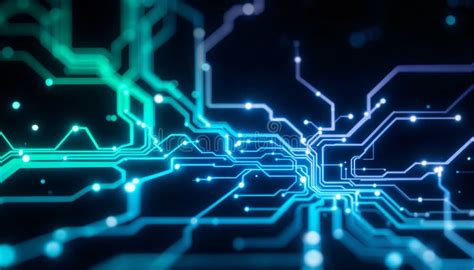 High Tech Digital Circuitry Illuminated With Blue And Green Hues Connecting Various Pathways And