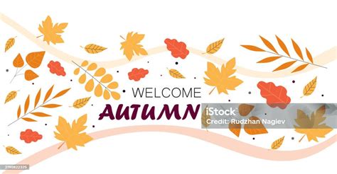 가을 포스터에 오신 것을 환영합니다 노란색과 빨간색 단풍과 잎 가을 시즌 인사말 엽서 템플릿입니다 9월 10월 11월 흰색 배경에 고립 된 평면 벡터 그림 0명에 대한 스톡