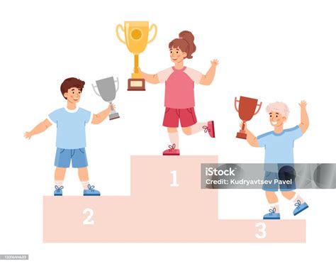 금 은 동메달 상금 컵을 획득한 어린이 수상자가 연단에 서 있습니다 승리 동작 활동에 대한 스톡 벡터 아트 및 기타 이미지 승리 동작 활동 아이 1위 Istock