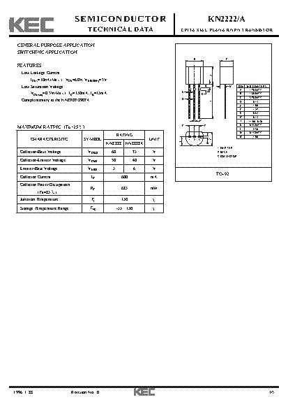 Kn2222a Datasheet General Purpose Transistor To 92 40v 0 6a Vbn 42585