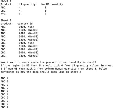 Excel Formula Required To Concatenate Data From 2 Different Sheets