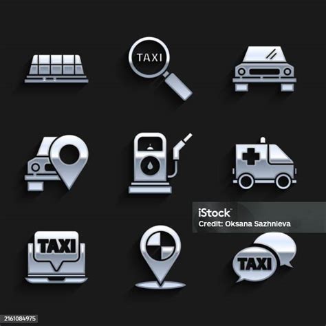 휘발유 또는 주유소 택시 택시 호출 전화 서비스 구급차 및 응급 차량 노트북 자동차 및 지붕 아이콘이있는 지도 포인터를