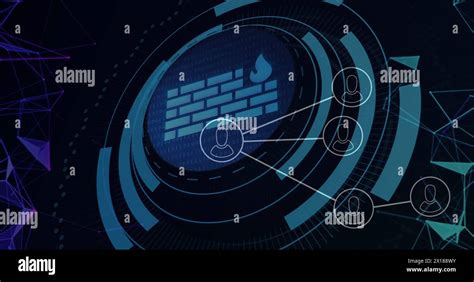 composition of scopes scanning text and digital network of connections on black background stock