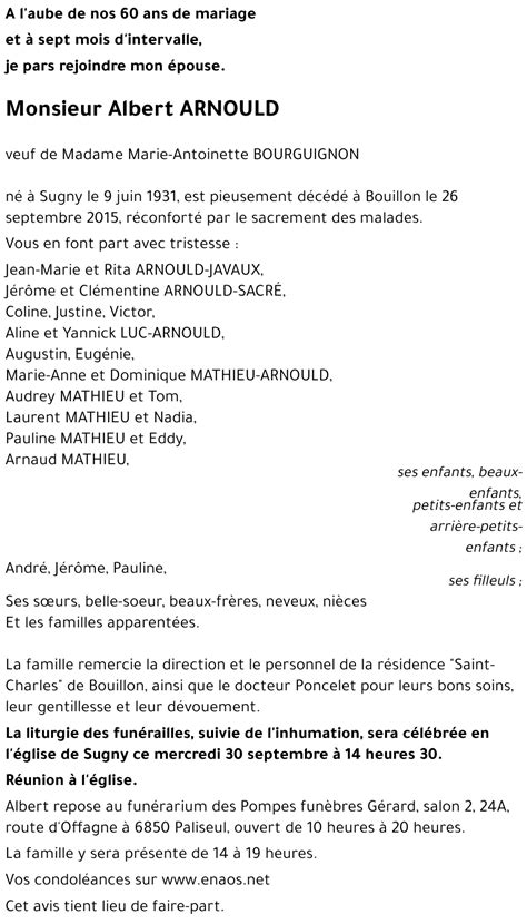 Avis De Décès De Albert Arnould Décédé Le 26 09 2015 à Bouillon