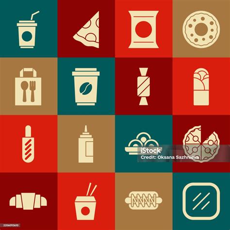 세트 스테이크 고기 피자 도너 케밥 가방 또는 패킷 감자 칩 커피 컵 이동 온라인 주문 및 배송 빨대와 사탕 아이콘과 종이 유리 벡터 0명에 대한 스톡 벡터 아트 및 기타