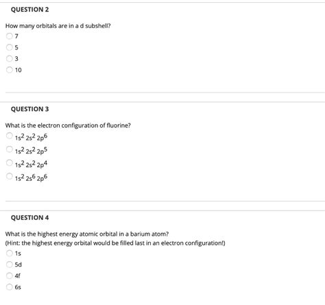 Solved QUESTION How Many Orbitals Are In A D Subshell Chegg Com