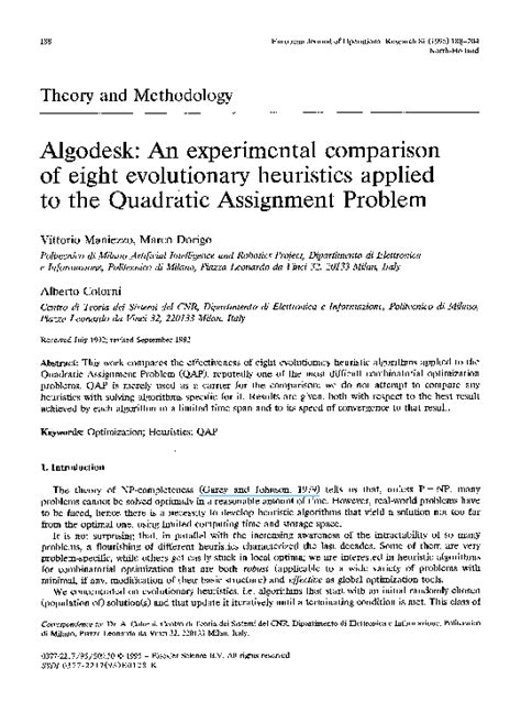 Pdf Algodesk An Experimental Comparison Of Eight Evolutionary Heuristics Applied To The