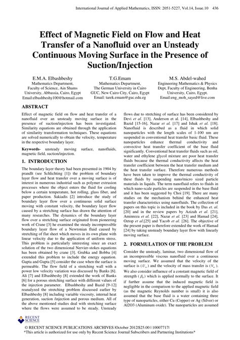 Pdf Effect Of Magnetic Field On Flow And Heat Transfer Of A Nanofluid Over An Unsteady