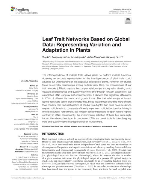 PDF Leaf Trait Networks Based On Global Data Representing Variation And Adaptation In Plants
