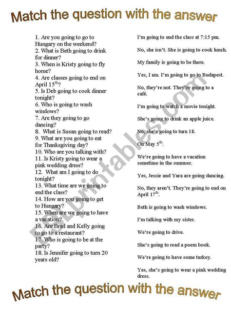 Matching Questions And Answers Worksheet