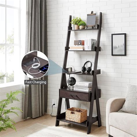 Lovitgo Ladder Shelf 5 Tier Ladder Bookshelf With Power