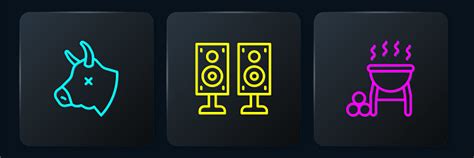 세트 라인 암소 헤드 바베큐 그릴 과 스테레오 스피커 검은 색 사각형 버튼 벡터 검은색에 대한 스톡 벡터 아트 및 기타 이미지 검은색 고기 굽기 Istock