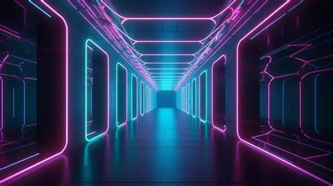 어두운 방에 있는 보라색 네온 불빛 복도 밝은 보라색과 노란색 네온 조명을 대칭 배경으로 반사하는 키가 큰 기하학적 도형의 3d 그림 고화질 사진 사진 네온 배경