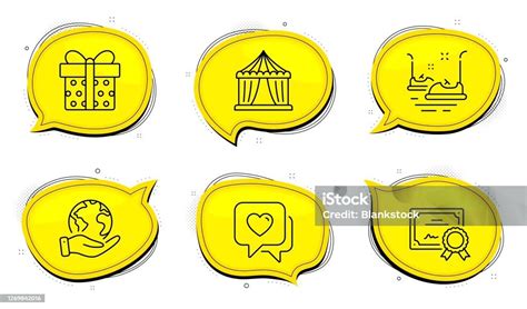 하트 서커스 텐트 및 선물 상자 아이콘 세트 범퍼 카 표지판 러브 채팅 어트랙션 파크 선물 패키지 벡터 공연에 대한 스톡 벡터 아트 및 기타 이미지 Istock