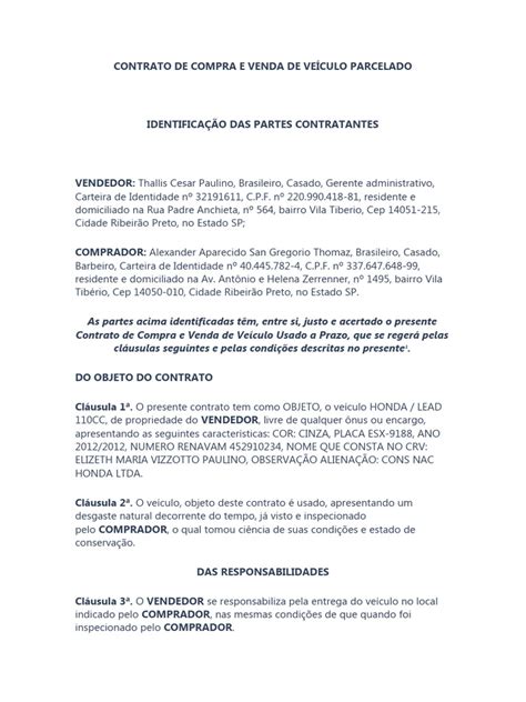 Contrato De Compra E Venda De Veículo Parcelado Pdf