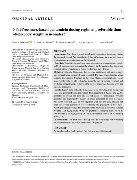 Pdf Is Fat Free Mass Based Gentamicin Dosing Regimen Preferable Thanwhole Body Weight In Neonates
