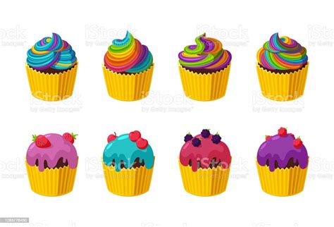 화려하고 무지개 장식이 있는 컵케이크 고립 된 컵 케이크의 큰 세트 만화 스타일의 벡터 일러스트레이션 0명에 대한 스톡 벡터 아트 및 기타 이미지 Istock