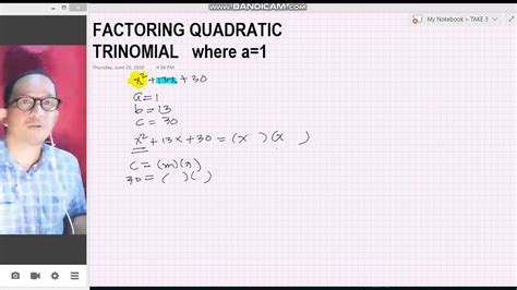 How To Factor Quadratic Trinomial Where A 1 Youtube