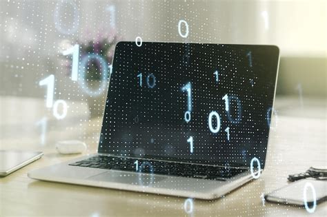 Premium Photo Creative Abstract Binary Code Sketch On Modern Laptop Background Hacking And