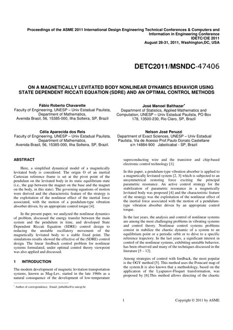 Pdf State Dependent Riccati Equation Sdre Control Method Applied In