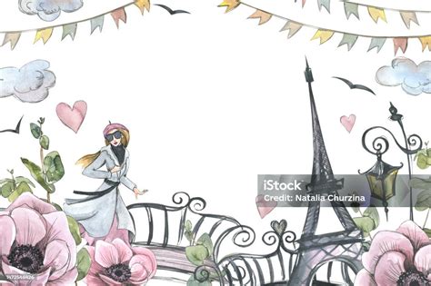 소녀 랜턴 다리 꽃이 있는 에펠탑 그래픽 요소가 있는 스케치 스타일의 수채화 그림 파리 컬렉션의 템플릿입니다 엽서의 등록 및 디자인 모조 에펠탑에 대한 스톡 벡터 아트 및