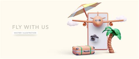 전화 비행기 카메라 여행 가방 구름 야자수 비치 우산이 있는 3d 현실적인 스타일의 여름 여행 포스터 벡터 그림 0명에 대한 스톡 벡터 아트 및 기타 이미지 Istock