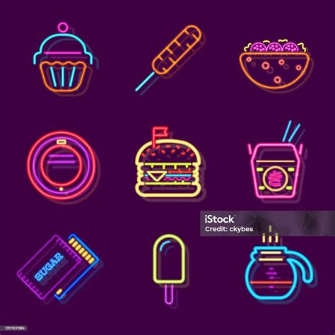 길거리 음식 패스트 푸드 음료 네온 사인 패스트푸드 레스토랑 버거 카페 또는 피자 디자인 빛나는 빛 간판 벡터 길거리 음식에 대한 스톡 벡터 아트 및 기타 이미지 Istock
