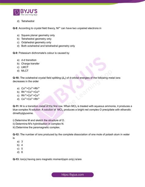 Class 12 Chemistry Worksheet On Chapter 9 Coordination Compounds Set 4